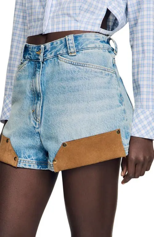 Sandro Riveted Denim And Suede Shorts - Light Bu Jean
