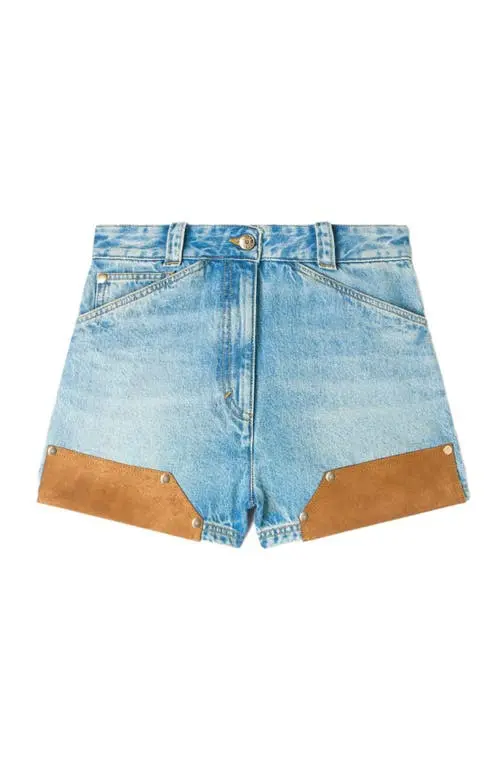 Sandro Riveted Denim And Suede Shorts - Light Bu Jean