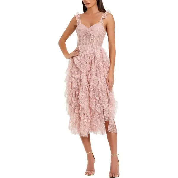 Mac Duggal Lace Bustier Midi Dress With Spiral Ruffles - Blush