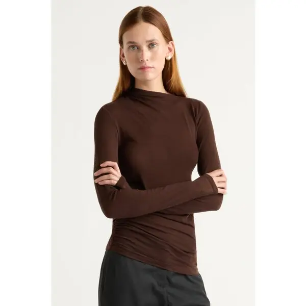Modern Citizen Vittoria Asymmetric-neck Semi-sheer Ruched Tee - Umber