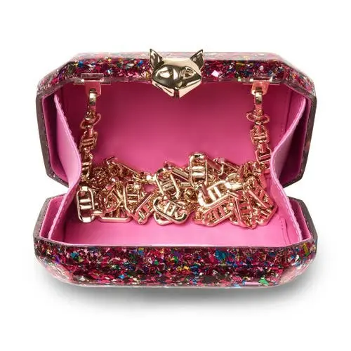 DESERI Diva Crossbody Clutch In Resin Plexiglass With Enamel Fox Head Clasp - Glitter