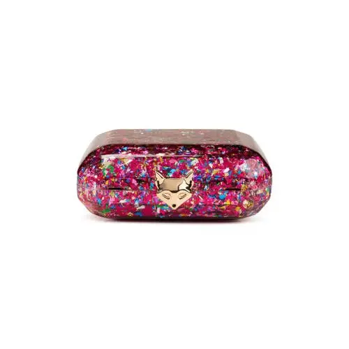 DESERI Diva Crossbody Clutch In Resin Plexiglass With Enamel Fox Head Clasp - Glitter