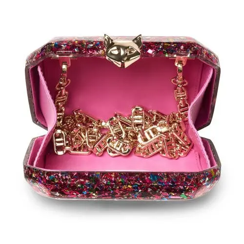 DESERI Diva Crossbody Clutch In Resin Plexiglass With Enamel Fox Head Clasp - Glitter