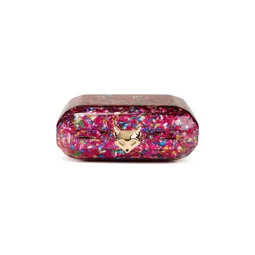DESERI Diva Crossbody Clutch In Resin Plexiglass With Enamel Fox Head Clasp - Glitter