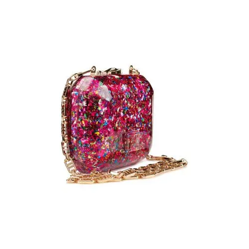 DESERI Diva Crossbody Clutch In Resin Plexiglass With Enamel Fox Head Clasp - Glitter