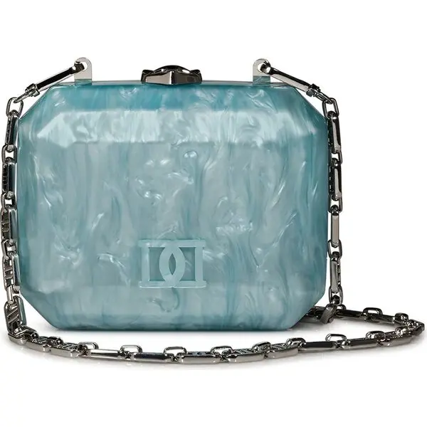 DESERI Diva Crossbody Clutch In Resin Plexiglass With Enamel Fox Head Clasp - Sky Blue