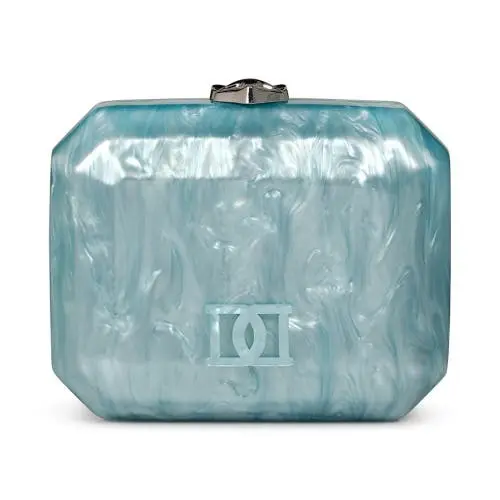 DESERI Diva Crossbody Clutch In Resin Plexiglass With Enamel Fox Head Clasp - Sky Blue