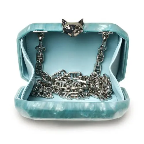 DESERI Diva Crossbody Clutch In Resin Plexiglass With Enamel Fox Head Clasp - Sky Blue