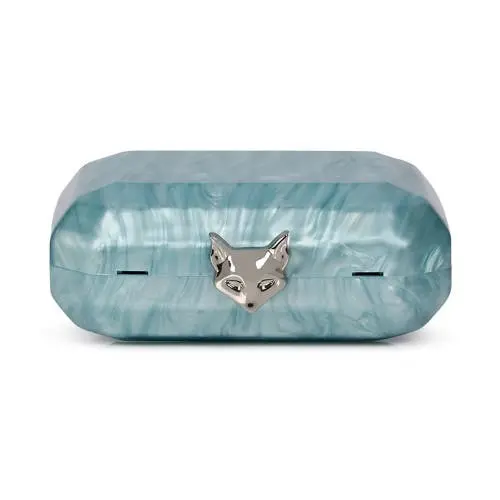 DESERI Diva Crossbody Clutch In Resin Plexiglass With Enamel Fox Head Clasp - Sky Blue