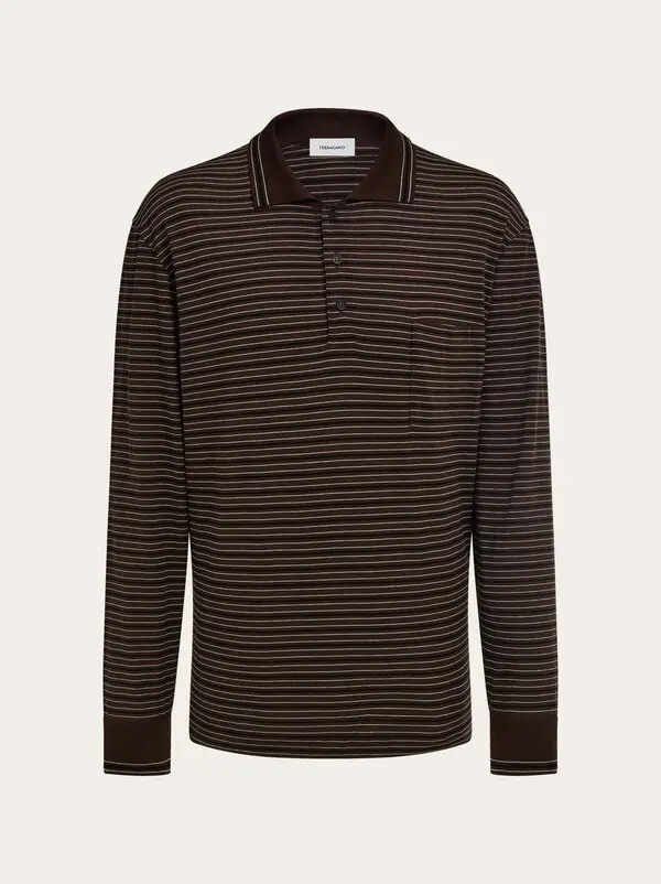 FERRAGAMO Long Sleeve Striped Polo Shirt - Brown