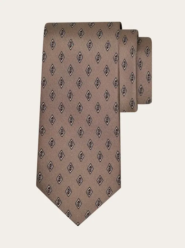 FERRAGAMO Gancini Print Silk Neck Tie - Beige