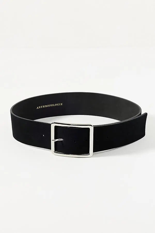 Anthropologie Wide Square Buckle Leather Belt - Black/silver
