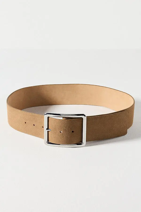 Anthropologie Wide Square Buckle Leather Belt - Light Sand / Silver