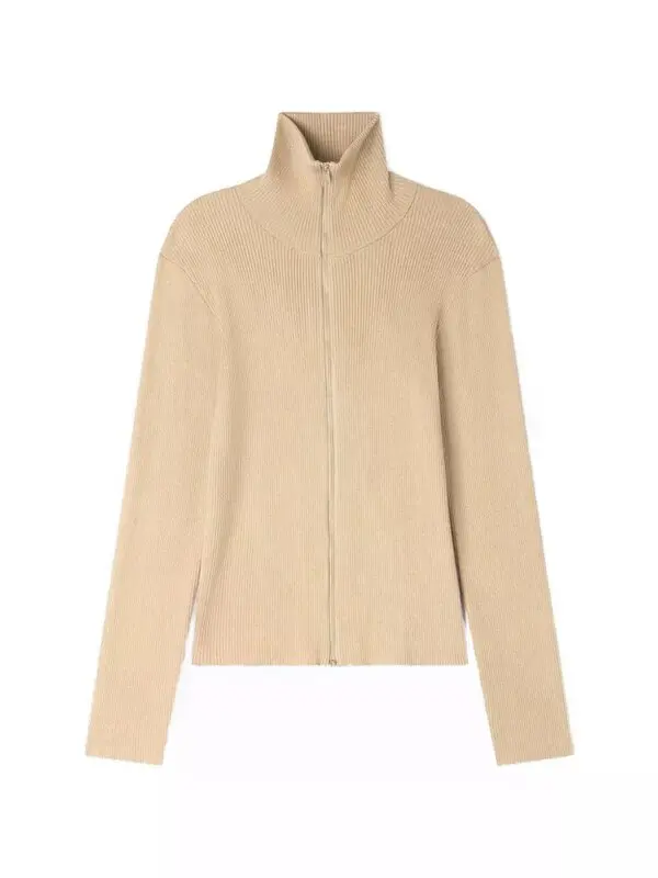 Sandro Ribbed Zip Cardigan With Standing Collar - Neutrals