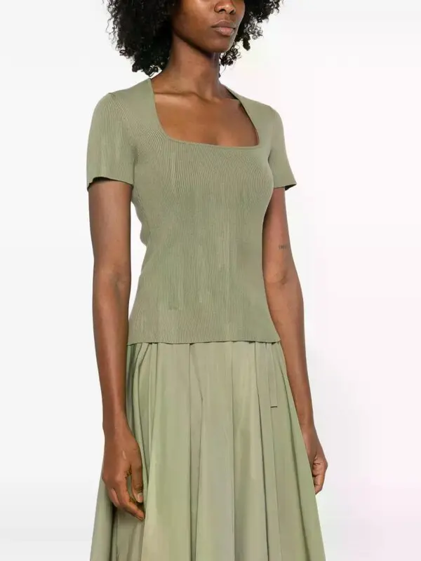 Maje Square-neck Ribbed Knit Top With Metallic Logo Detail - Green
