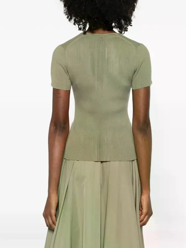 Maje Square-neck Ribbed Knit Top With Metallic Logo Detail - Green