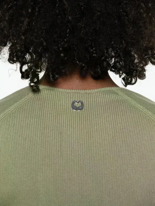 Maje Square-neck Ribbed Knit Top With Metallic Logo Detail - Green