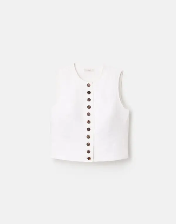 Lafayette 148 New York Linen Button Front Sleeveless Blouse - White