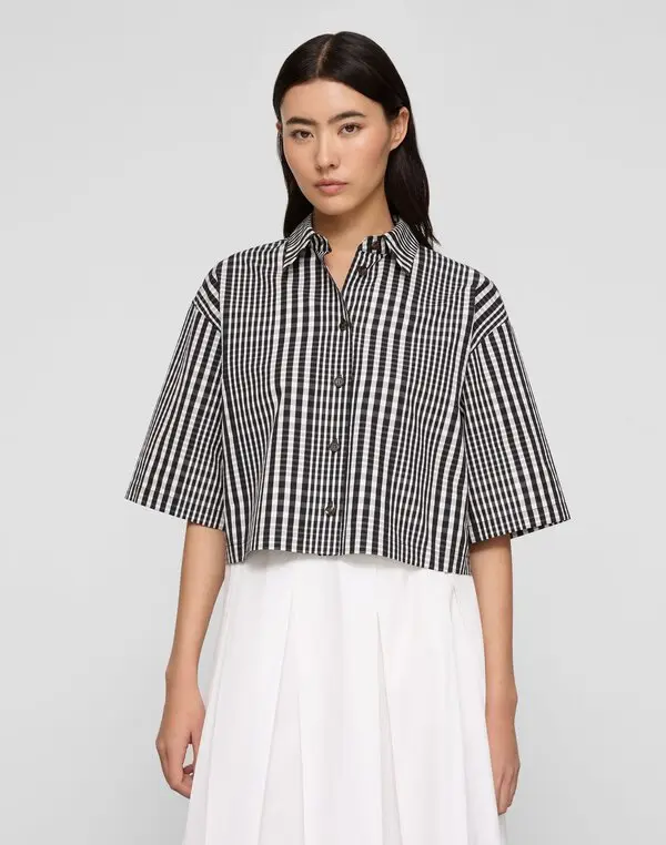 Lafayette 148 New York Grid Plaid Cotton Cropped Oversized Shirt