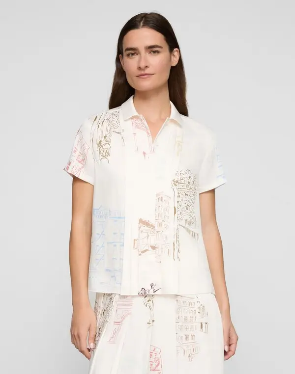 Lafayette 148 New York Manhattan Print Twill Pleated Blouse