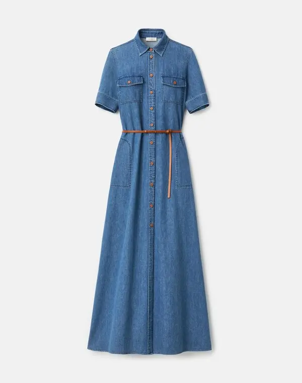 Lafayette 148 New York Chambray Cotton Short Sleeve Maxi Shirtdress - Faded Skyline