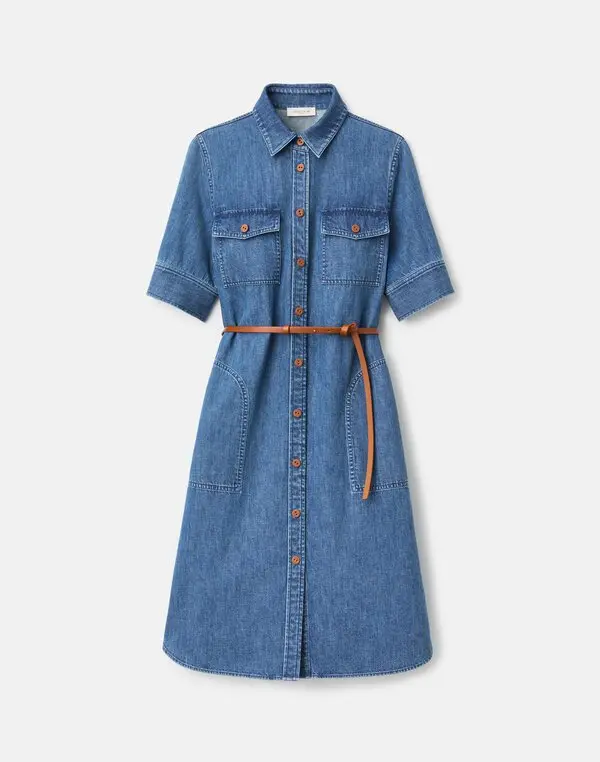 Lafayette 148 New York Chambray Cotton Short Sleeve Midi Shirtdress - Faded Skyline