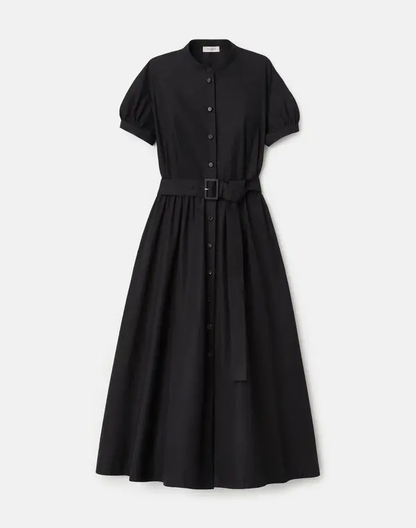 Lafayette 148 New York Organic Cotton Poplin Puff Sleeve Belted Shirtdress - Black