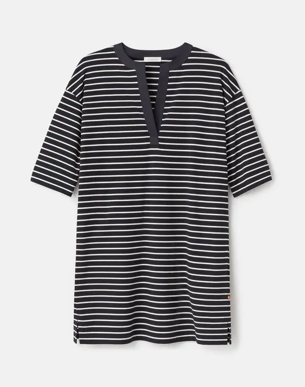 Lafayette 148 New York Stripe Cotton Rib Short Sleeve Dress - Ink Multi