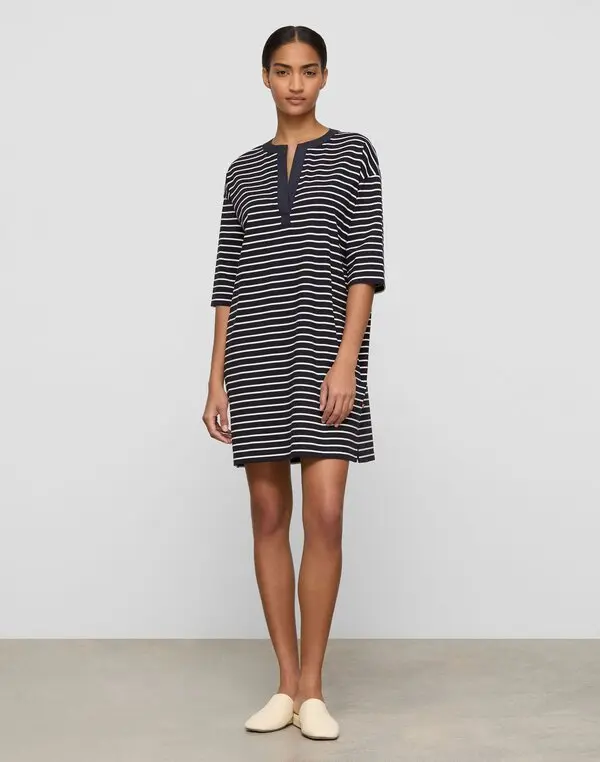 Lafayette 148 New York Stripe Cotton Rib Short Sleeve Dress
