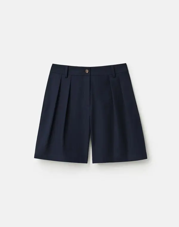 Lafayette 148 New York Cotton Twill Pleated Wide Leg Shorts - Blue Ink
