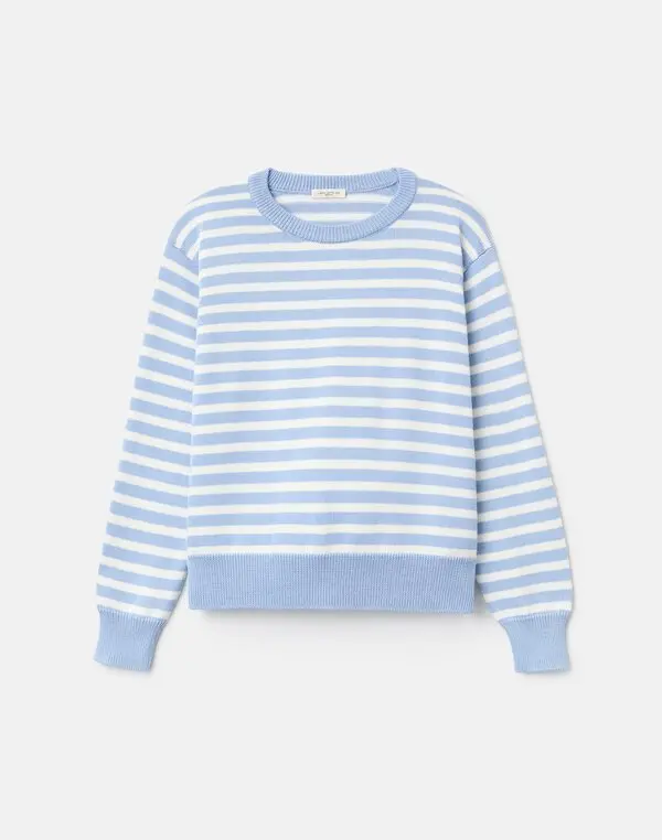 Lafayette 148 New York Stripe Cotton Silk Crewneck Sweater - Skyline Blue/cloud