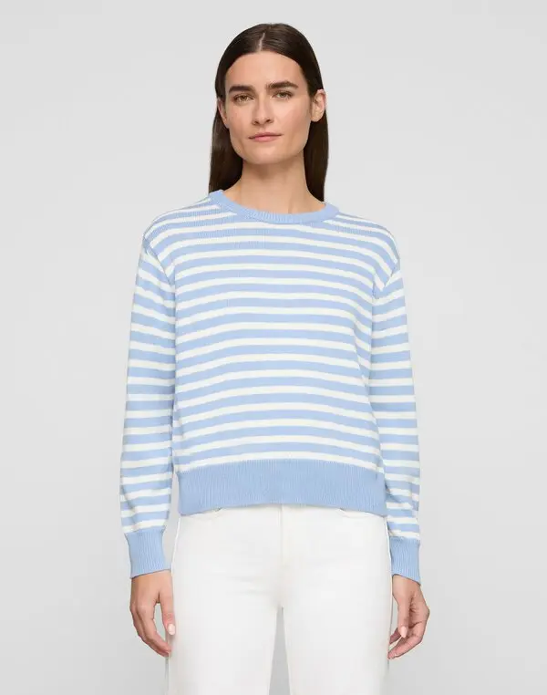 Lafayette 148 New York Stripe Cotton-silk Crewneck Sweater - Skyline Blue/cloud