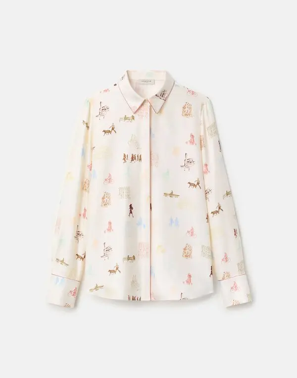 Lafayette 148 New York Petite Manhattan Print Silk Button Front Blouse - Cloud Multi