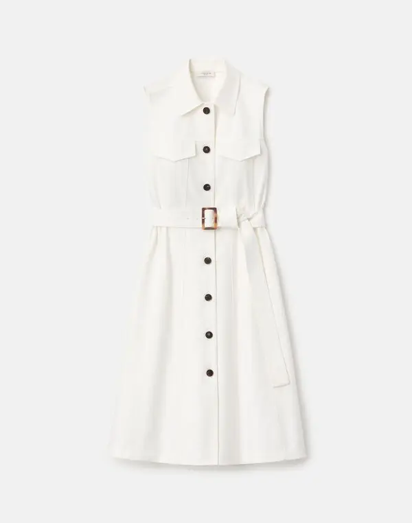 Lafayette 148 New York Petite Cotton Twill Belted Sleeveless Shirtdress - Sea Salt