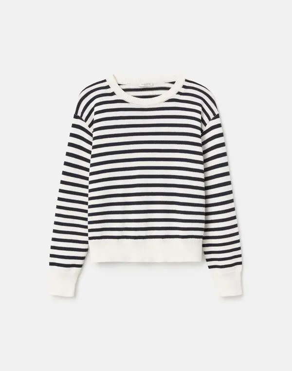 Lafayette 148 New York Petite Stripe Cotton Silk Crewneck Sweater - Cloud/ink