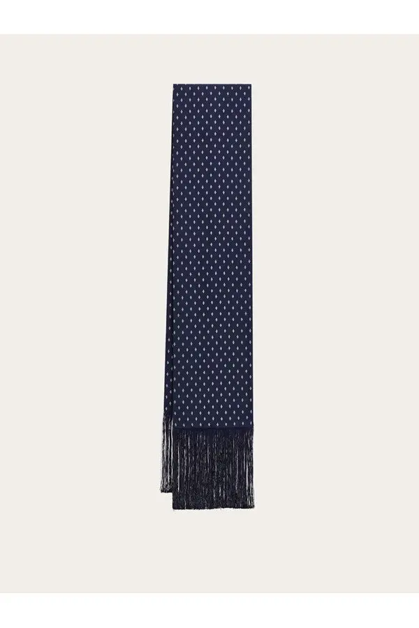 FERRAGAMO Micro Gancini Print Silk Scarf - Navy