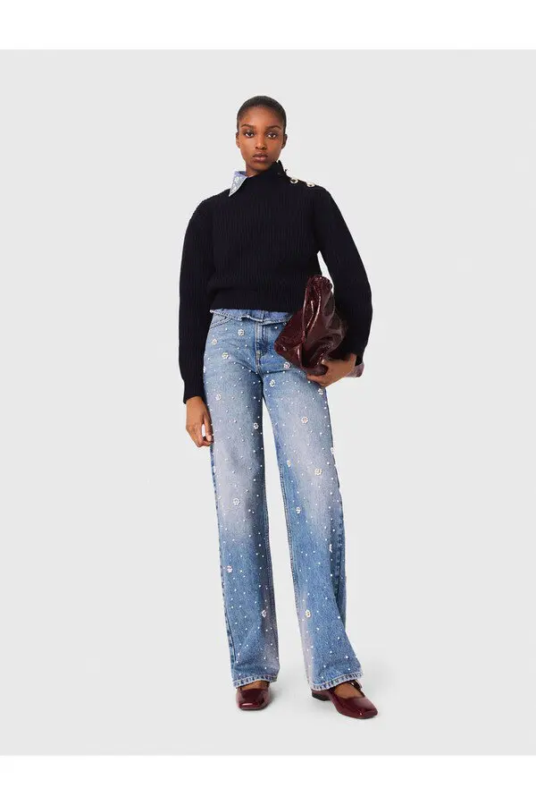 Maje Wide-leg Embroidered Jeans - Blue