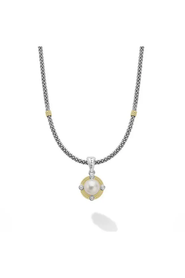 Lagos Luna Pearl Diamond Caviar Necklace - Gold