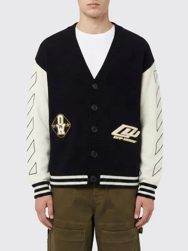 Off-White Cotton Cardigan With Graphic Motifs - Black