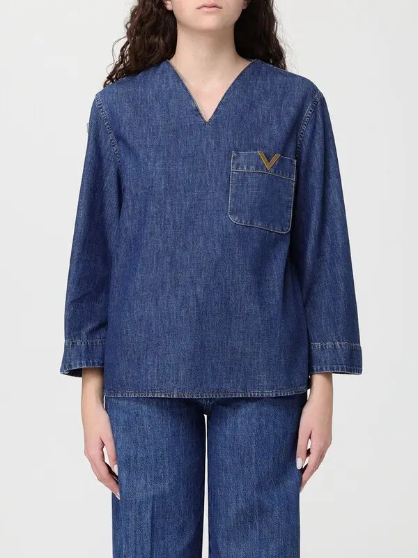 Valentino Garavani Cotton Denim V-neck Blouse - Gnawed Blue
