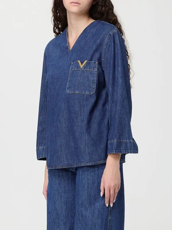 Valentino Garavani Cotton Denim V-neck Blouse - Gnawed Blue
