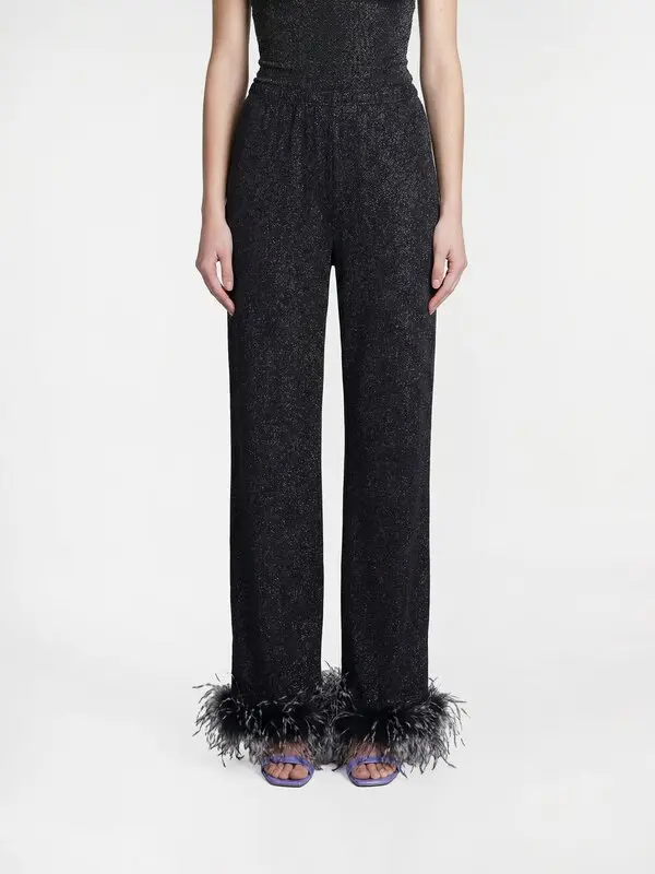 Oseree Lurex Jersey Pants With Feather Embellishments - Black