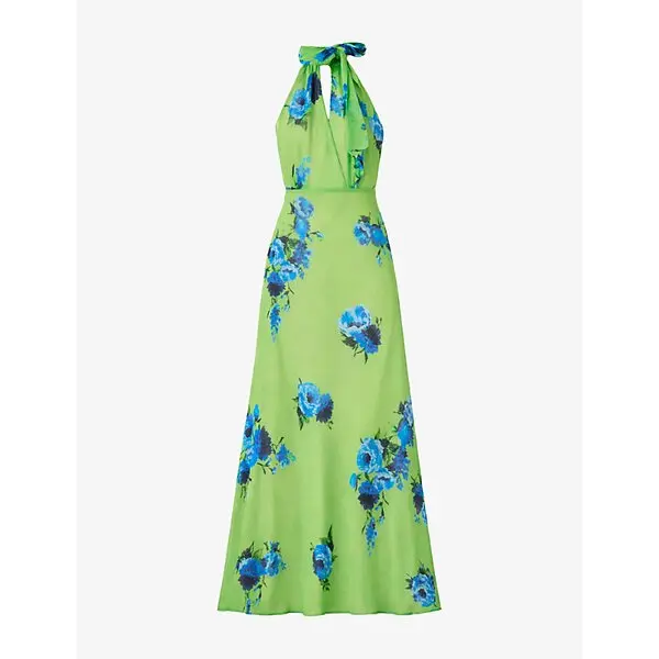 RO&ZO Athena Tie-neck Floral-print Woven Maxi Dress - Green