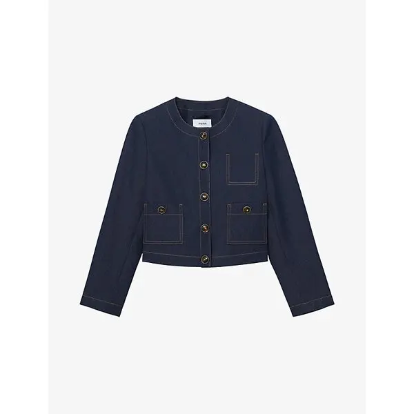 REISS Collarless Cropped Denim-blend Jacket