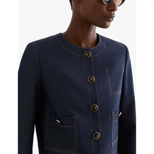 REISS Collarless Cropped Denim-blend Jacket