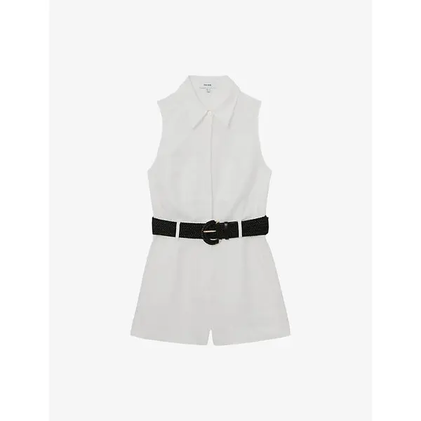 REISS Taylor Belted-waist Linen Playsuit - Ivory