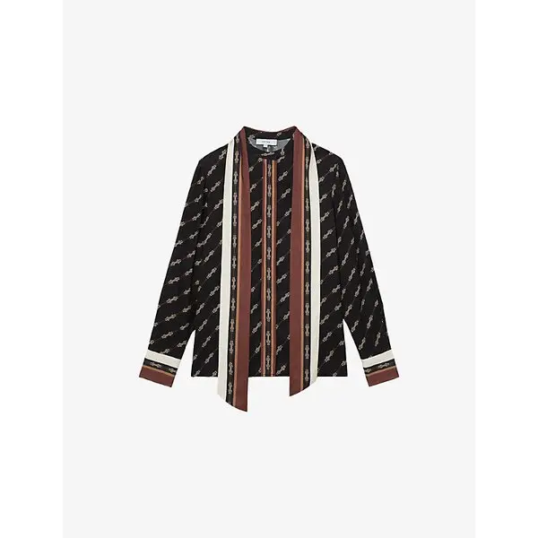 REISS Lydia Tie-neck Chain-print Shirt - Black