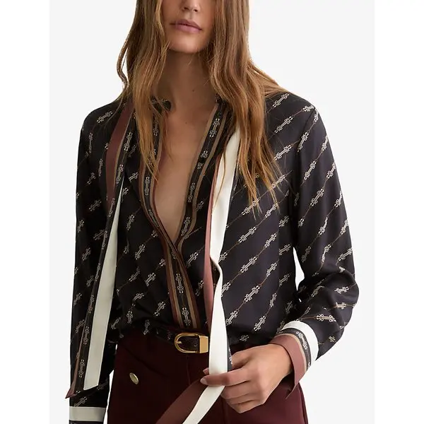 REISS Lydia Tie-neck Chain-print Shirt - Black