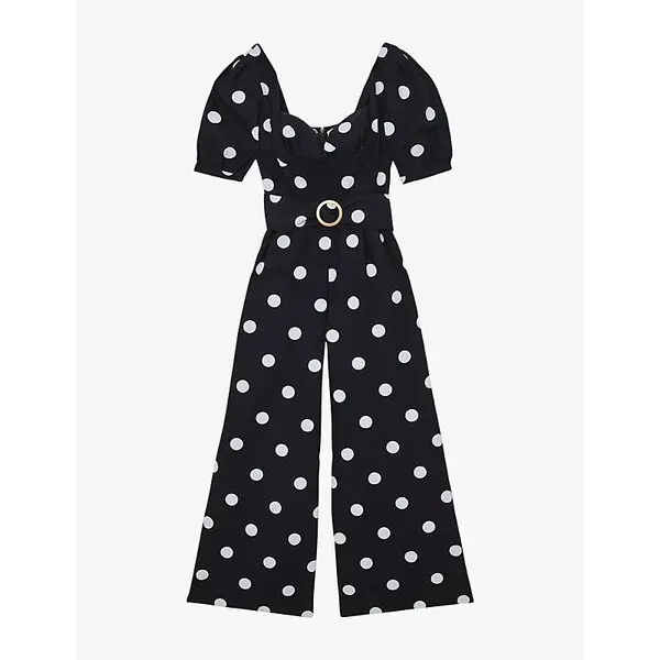 REISS Brook Puff-sleeve Polka-dot Linen Jumpsuit - Navy Ivory