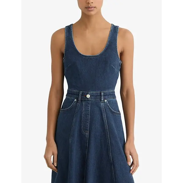 REISS Fitted-waist Sleeveless Stretch-denim Midi Dress